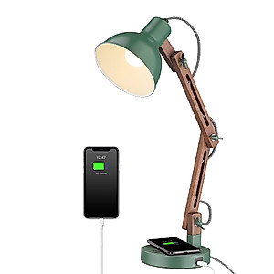 ELYONA LED Desk Lamp with Wireless Charger, Sapele Wood Reading Light with USB C Charging Port, Swing Arm Table Lamp for Home Office, College Dorm, Bedroom Living Room, Bulb Included, Vintage Green