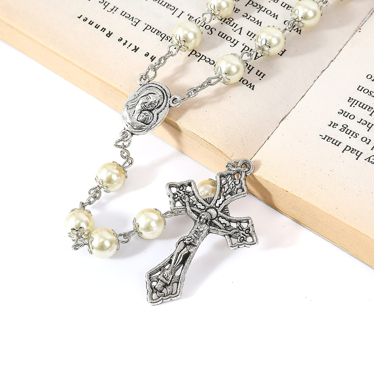 Nazareth Store Pearl Cream Beads Rosary Necklace Holy Soil Medal and Cross Catholic Rosaries for Women, Men