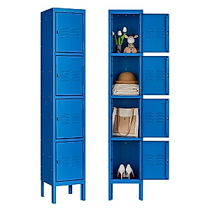 MIIIKO Metal Locker 4 Tiers, Employee Locker Cabinet, 4 Tiers Blue Locker Cabinet for School, Gym and Home Office