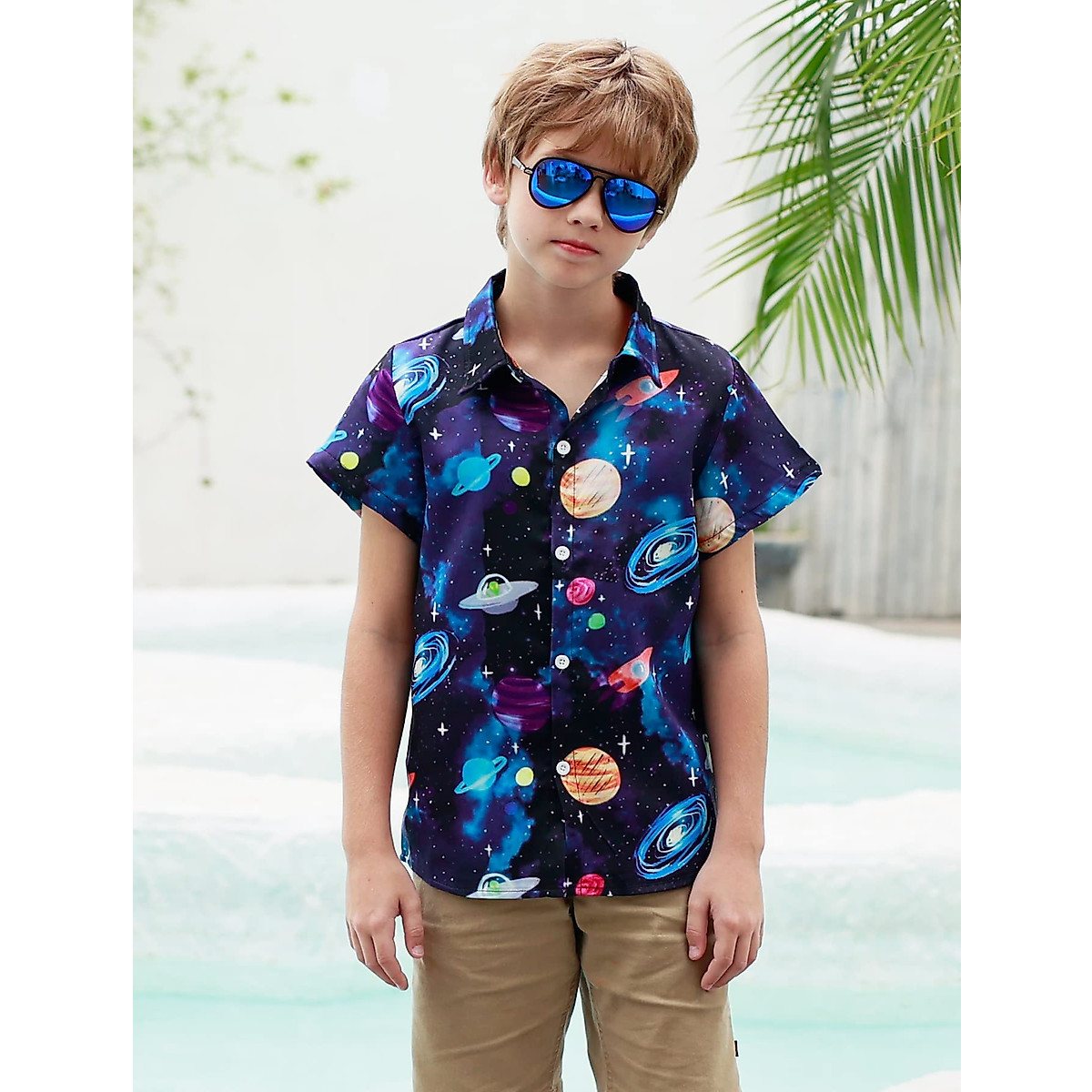 RAISEVERN Big Boys Cotton Dress Shirt Casual Galaxy Button Down Short Sleeve Cartoon Planets Print Cool Sports T-Shirt(9-10 Years)