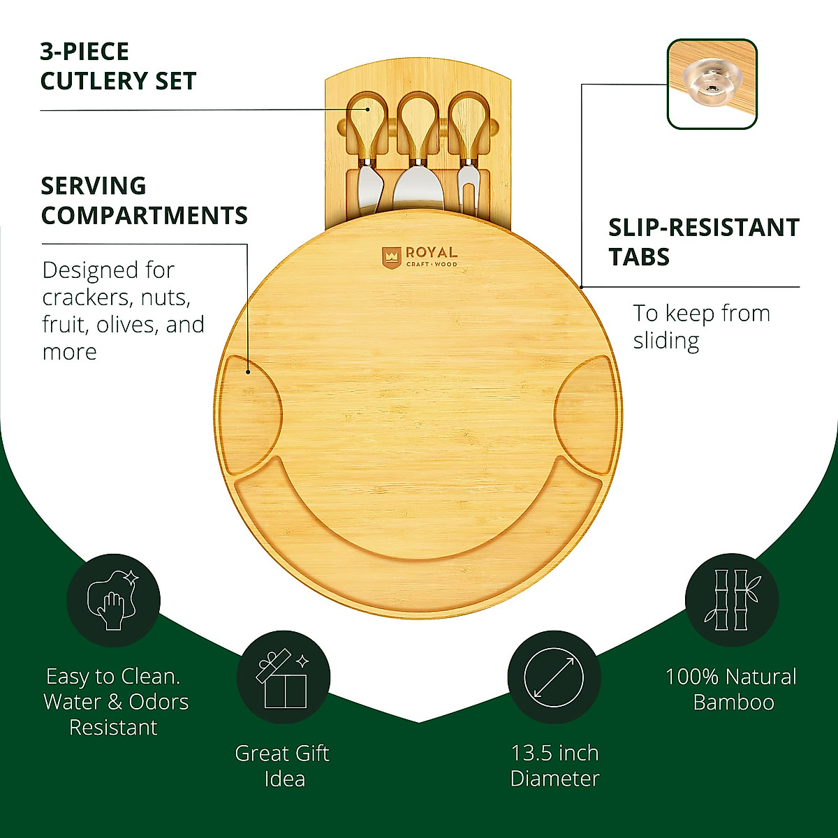 ROYAL CRAFT WOOD Bamboo Cheese Large Round Board and Knife Set with Charcuterie Board & Serving Tray Non - Expandable