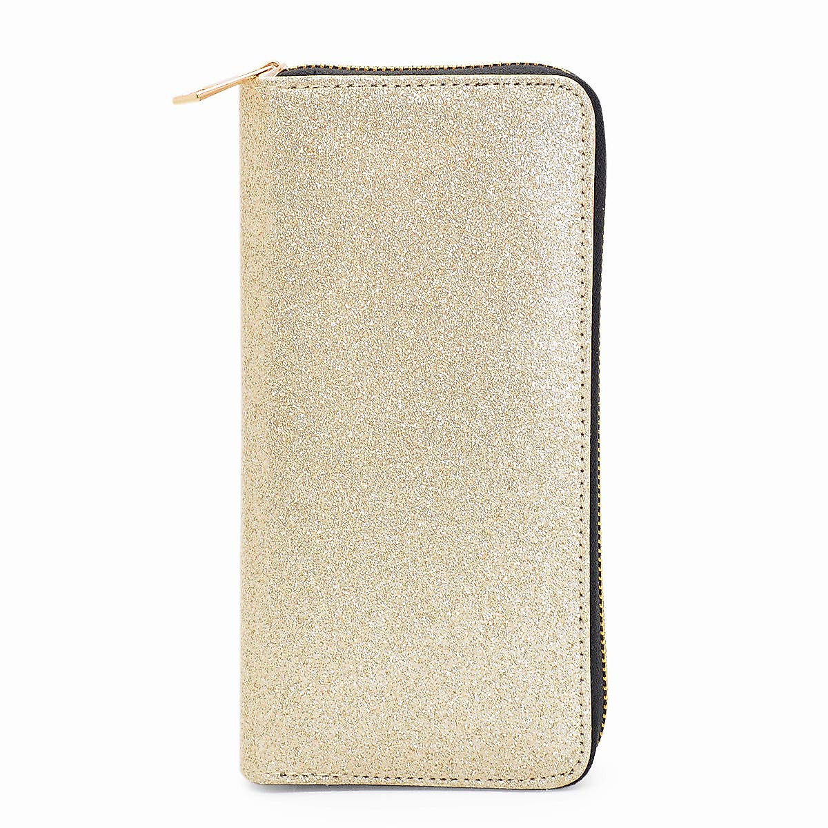 Premium Glitter Bling Smooth Vegan Leather Continental Zip Around Wallet, Gold
