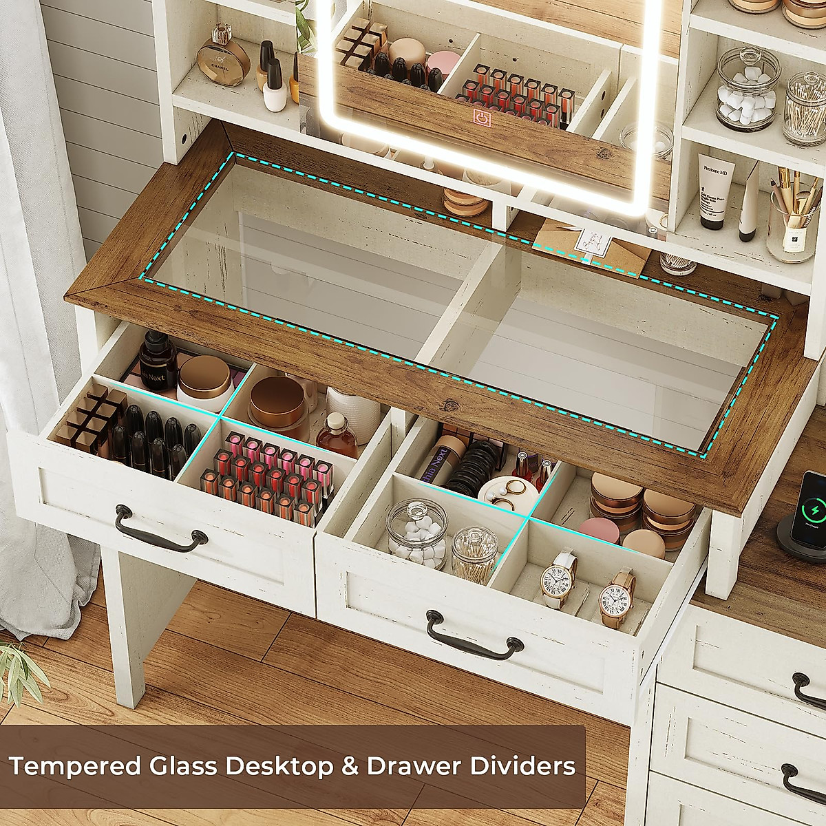 BTHFST Farmhouse Vanity with Glass Top & Charging Station, Vanity Desk with Touch Screen Mirror and Lights, Makeup Vanity with 5 Drawers & Shelves & Cabinet, Antique White