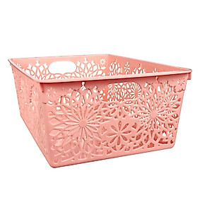 LSM Colorful Floral-Pattern Slotted Plastic Baskets Set of 2,Peach and Gray,Exclusively Bundled with Oggetto