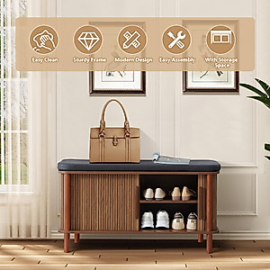 NVETHM Shoe Bench, Shoe Storage Bench with Leather Cushion and Sliding Door, Modern Shoe Organizer Cabinet for Living Room, Bedroom, Entryway, Hallway (Walnut)