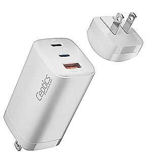 Ceptics USB C Wall Charger, 65W Ultra Compact with Quick Charge 3.0 PD Power Delivery - GAN TECH - Small USB + Dual USB-C - 3 Ports Total - Powerful - Fast QC & PD - White (NAN-65W)