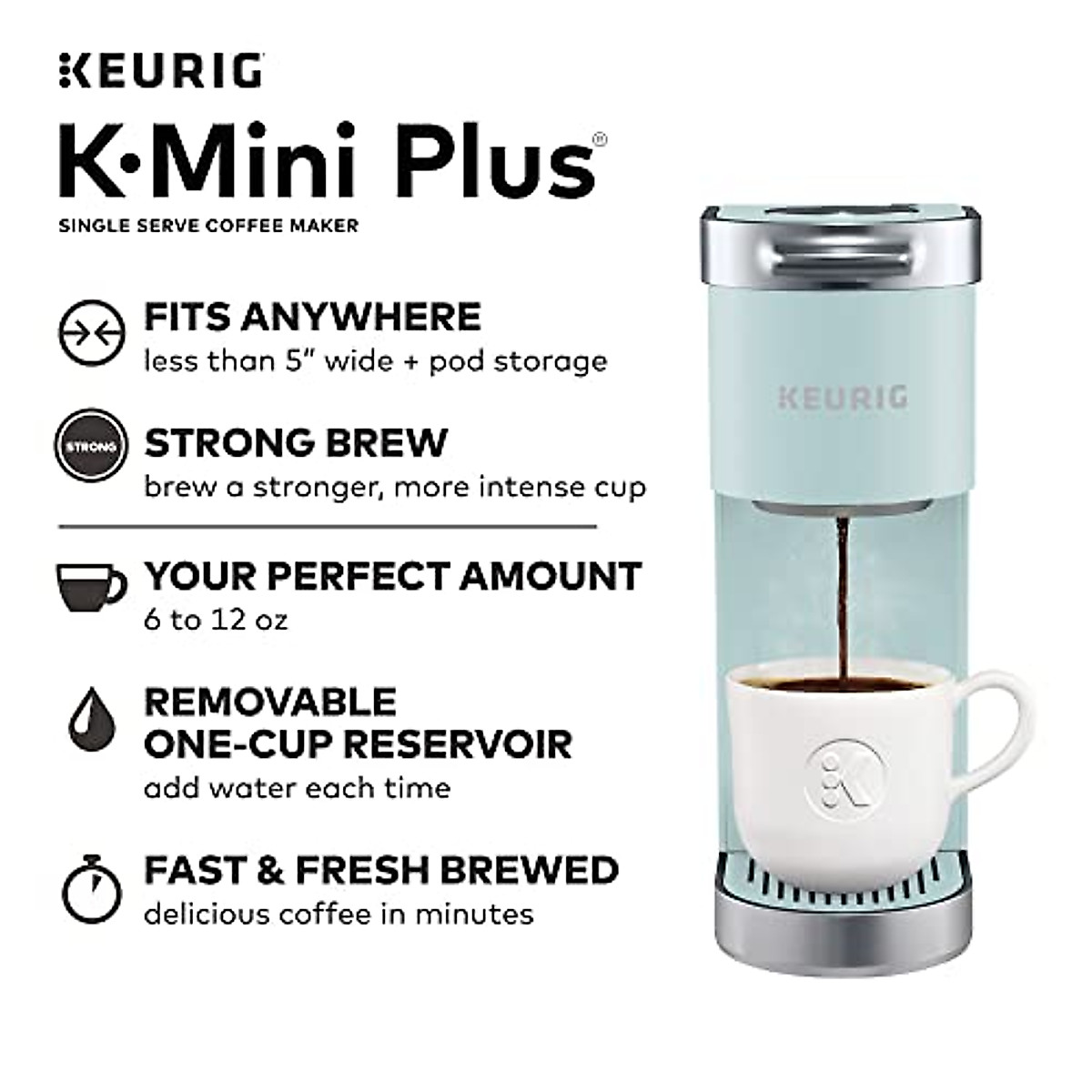 Keurig K-Mini Plus Coffee Maker, Single Serve K-Cup Pod Coffee Brewer, 6 to 12 oz. Brew Size, Stores up to 9 K-Cup Pods, Misty Green (Renewed)