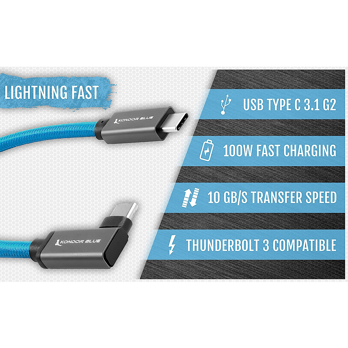 KONDOR BLUE 12" Straight USB C 3.1 GEN 2 10 Gb/s 100W | Right Angle Braided Cable for 8K Data and Power Delivery