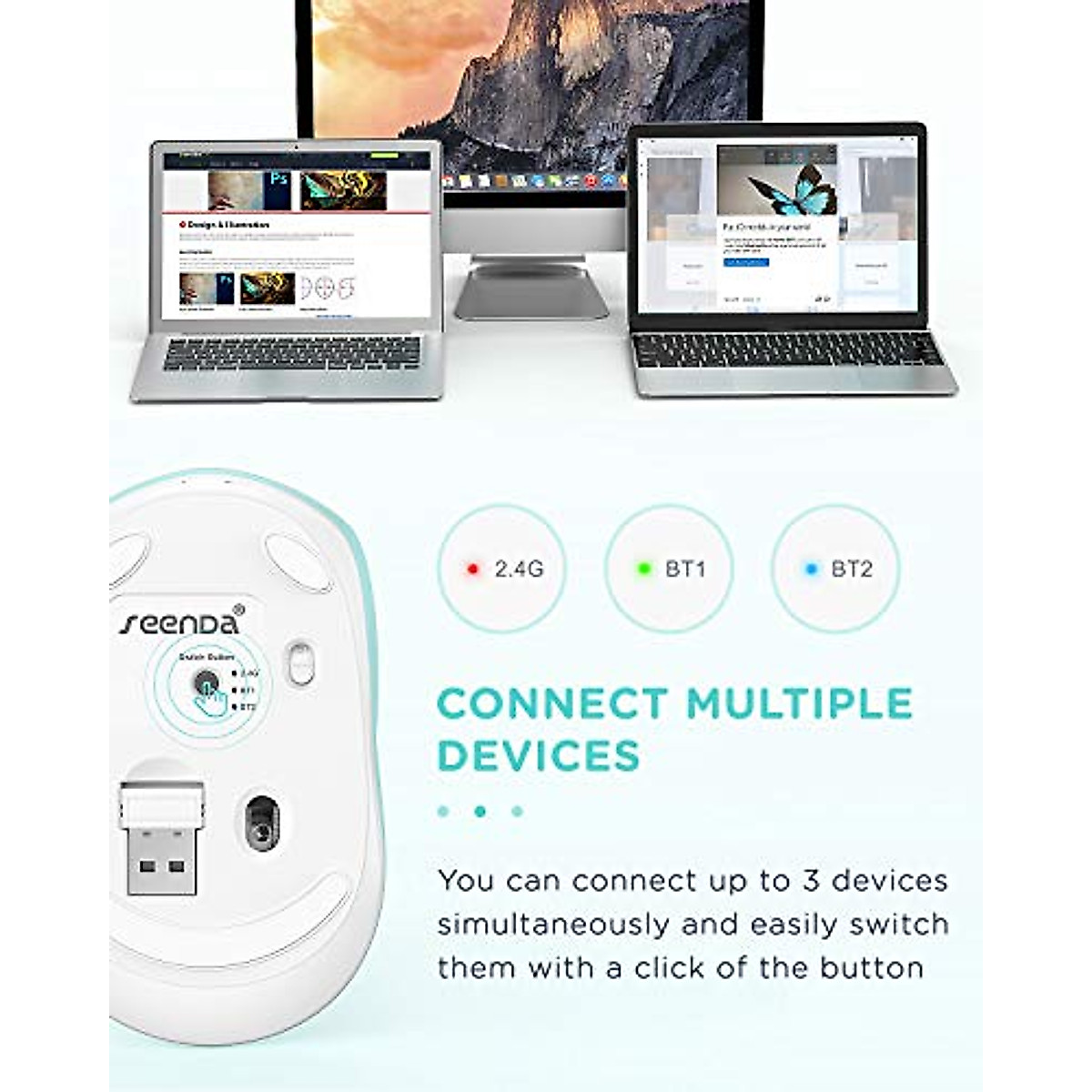 seenda Bluetooth Mouse - Light Up Rechargeable Wireless Mouse (Bluetooth 3.0/5.0+USB) for Computer. Ultra Quiet Multi-Device Mouse for Notebook, Kids' Chromebook, Macs, and Windows - Mint Green