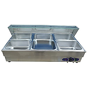 HQHAOTWU 5-Pan Electric Food Warmer Commercial Bain Marie Buffet Stainless Steel Food Container Double-Row Pans with Glass Guard for Catering Restaurant Canteen 12"×8.7"×4" Pan and 21"×13"×4" Pan