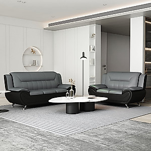 Container Furniture Direct Modern Style Faux Leather Sofa with Extra Comfortable Pillow Top Armrests Ideal for Living Room, Bedroom or Home Office Couch, 79.2’’ Wide, Grey/Black