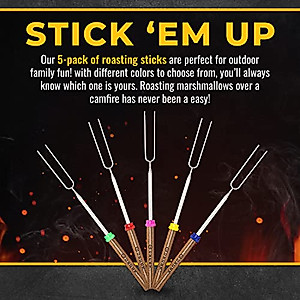 CORQUE Marshmallow Roasting Sticks, Smores Sticks, Extendable, Camping Skewer for Fire Pit, Wooden Handle, 32inch Metal for BBQ Hotdog, Cooking, Campfires, Bonfires, Set of 5