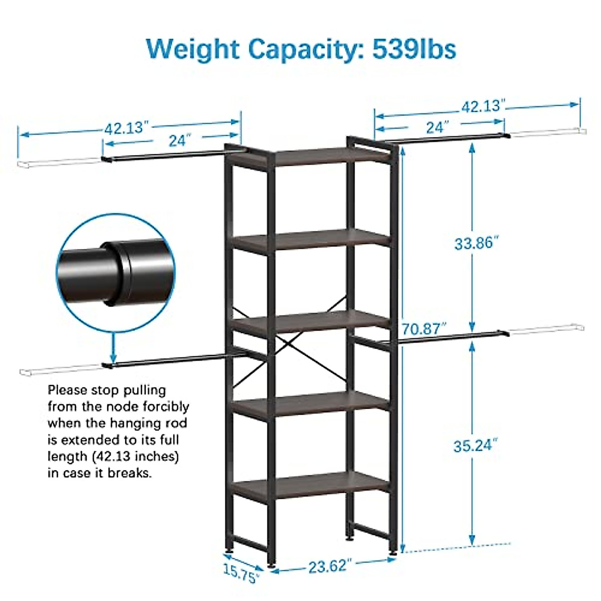 Timate P6i Heavy Duty Garment Rack Clothes Rack Adjustable Walk in Closet Organizer System Wall Mounted Closet Organizer Kit Expandable Hanging Rod 5-Tier Closet Storage Shelves, Fit 6-9ft Space Black