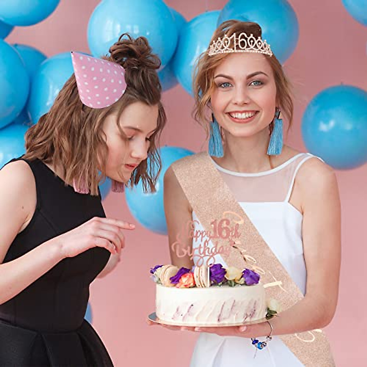 DASIGJID 16th Birthday Tiara & Sash for Girls, Rose Gold Happy Birthday Queen Princess Tiara with Combs for Girls, Queen Crystal Headbands for Hair Accessories,16th Birthday Decorations for Girls Prom