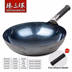臻三环 ZhenSanHuan Chinese Hand Hammered Iron Woks and Stir Fry Pans, Non-stick, No Coating, Carbon Steel Pow (36CM, BlueBlack Seasoned with help handle)