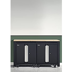 ClosetMaid ProGarage Garage Storage Base Cabinets & Workbench Top 3-Piece Set, Custom, Durable, Adjustable, Steel Construction, Black