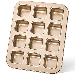 Webake Brownie Cake Pan, 12-Cavity Non-Stick Square Muffin Pan 1.6 Inch Deep Brownie Mold Small Cake Pan Bakeware for Oven Baking (Champagne Gold)