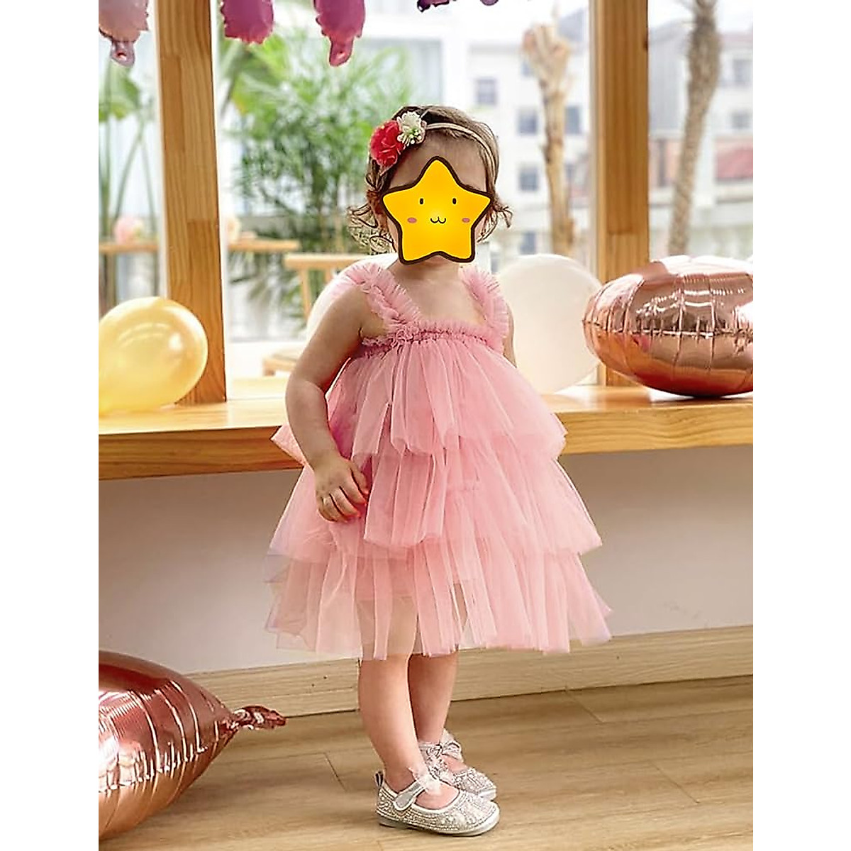 AGQT Baby Girls Tulle Tutu Dress Toddlers Tulle Layered Lace Dresses Sleeveless Princess Party Dress Summer Ruffles Sundress with Flower Headband Pink Size 12-18 Months