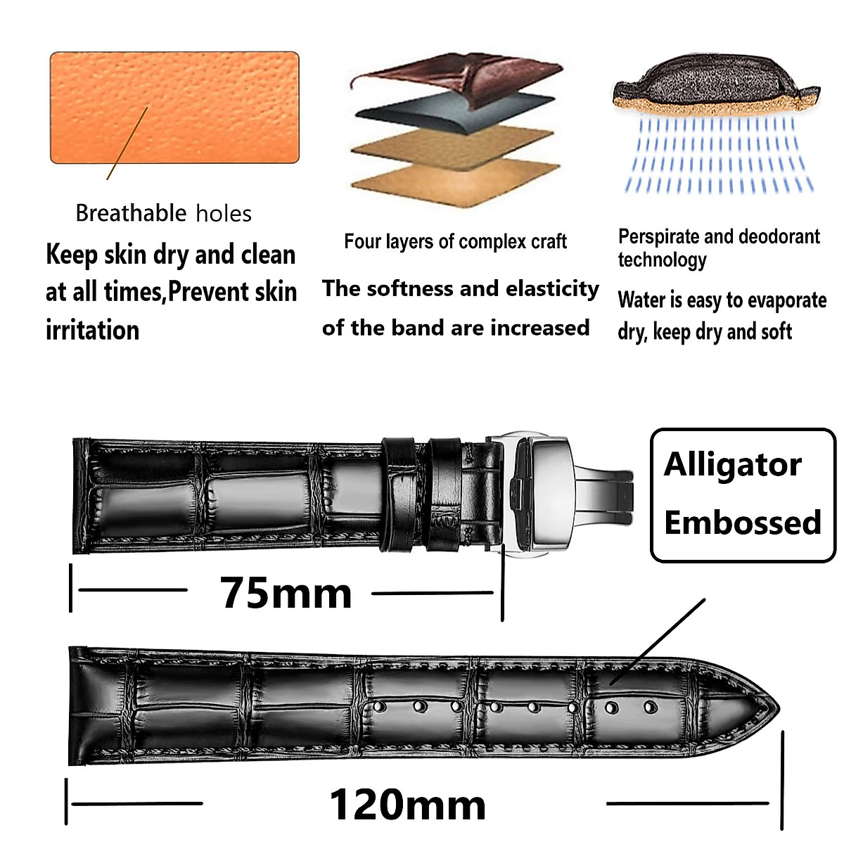 Moran Genuine Leather Replacement Watch Band Deployment Buckle 18mm 19mm 20mm 21mm 22mm 23mm 24mm Calfskin Watch Strap for Men's and Women's