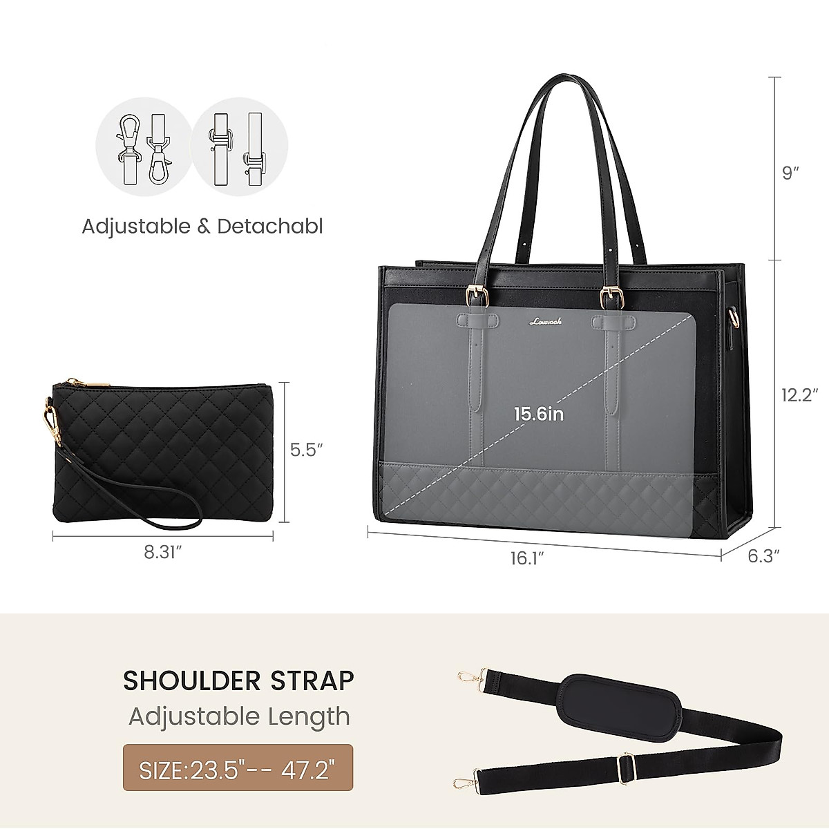 LOVEVOOK Laptop Bag for Women 15.6 inch Canvas Laptop Tote Bag, Large Capacity Work Bag with Clutch Purse, Computer Bag Office Business Briefcase, Casual Handbag for Travel College Teacher School