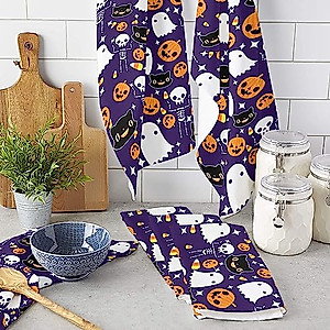 Yun Nist Kitchen Dish Towels,Halloween Cartoon Skeleton Pumpkin Navy Soft Microfiber Dish Cloths Reusable Hand Towels,Black Cat White Ghost Washable Tea Towel for Dishes Counters 1 Pack