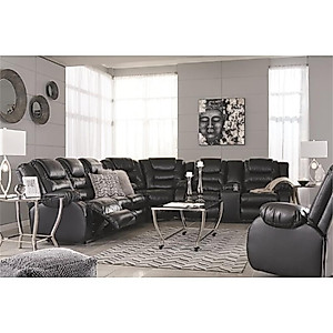 Signature Design by Ashley Vacherie Faux Leather Manual Pull-Tab Double Reclining Loveseat with Center Console, Black