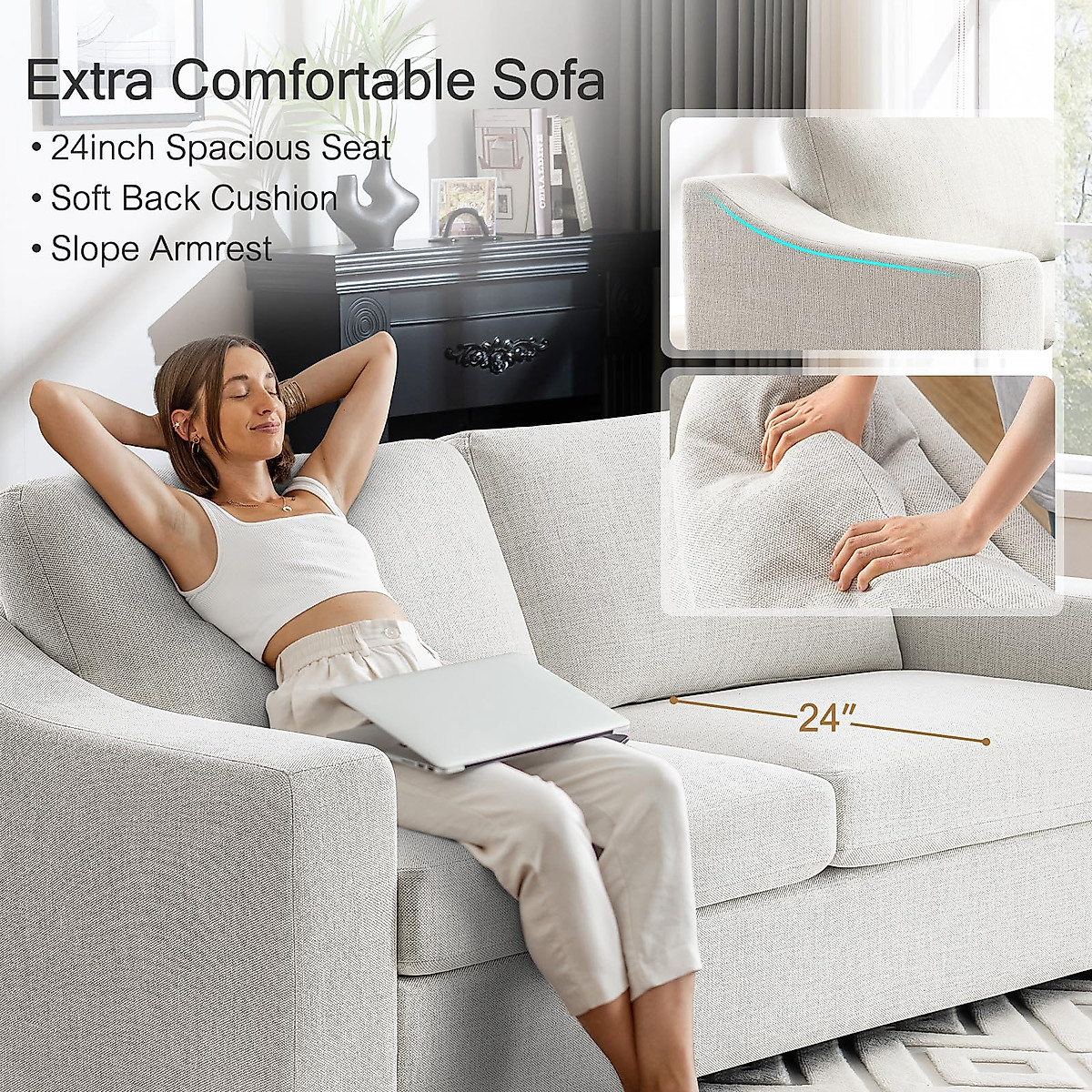 ELUCHANG Convertible Sectional Sofa, L Shaped Couch, Natural Linen Fabric Sofa Couches with Extra Deep Seats, Big Comfy Couch Upholstered Modern Couch Sofa Corner Sofa for Living Room, Office, Ivory