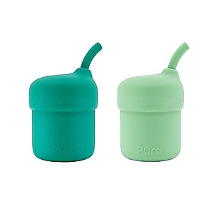 Pura my-my Silicone Straw Cup| Spill Proof, Reusable, Food Grade Silicone, Plastic-Free | For Kids, Toddlers, Babies & Infants - 2 Pack Mint & Moss