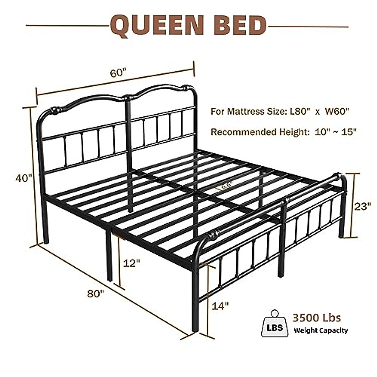 EZBeds Queen Bed Frame with Headboard and Footboard, 14 Inch High, Heavy Duty Bed Frame No Box Spring Needed, Easy Assembly, Noise-Free, Under Bed Storage, Black