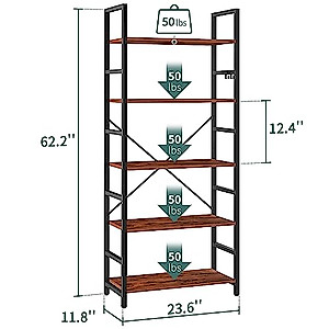 Yoobure 5 Tier Bookshelf - Tall Book Shelf Modern Bookcase for CDs/Movies/Books, Rustic Book Case Industrial Bookshelves Book Storage Organizer for Bedroom Home Office Living Room Brown