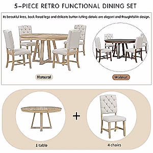 KoiHome Retro Functional Round 16" W Leaf, 4 Upholstered Family Dinner Room, 5pc Farmhouse Kitchen Chairs for 4 (Natural), 5 Piece Extendable Dining Table Set