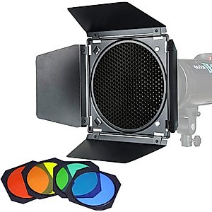 Godox BD-04 Barn Door with Honeycomb Grid and 4 Color Gel Filters(Red Yellow Blue Green) Compatible for Godox 7" Standard Reflectors for AD600B/AD600BM/AD600Pro/SL60W/SL150W/SL200W/MS200/MS300