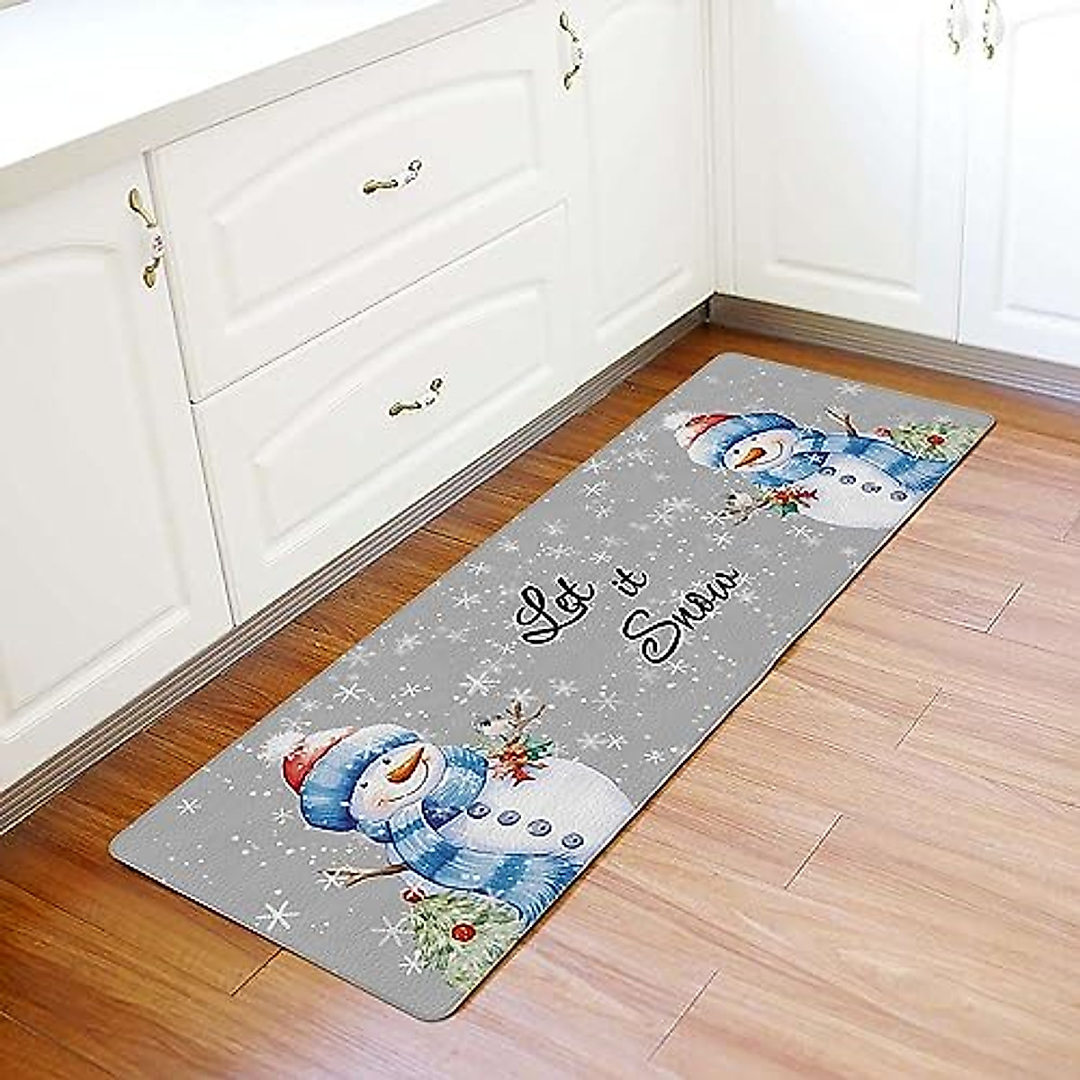 Grey Snowman Antifatigue Kitchen Bath Door Mat Cushioned Runner Rug,Washable Welcome Floor Sink Mat,Waterproof Non-Slip Comfort Standing Doormat,Christmas Winter Snowflake Bird Berry 18"x30"