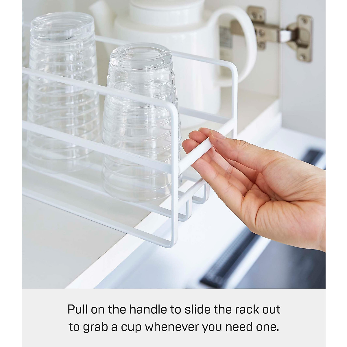 Yamazaki Home Mug Cabinet Organizer, Coffee Cup Holder for Kitchen, Glass and Bottle Stand for Drawer, Metal with Silicone Handle | Steel, One Size, White