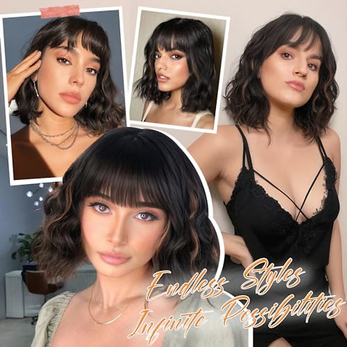 ENTRANCED STYLES Wavy Bob Wigs with Bangs for Women Black Mixed Brown Short Wavy Bob Curly Wig Synthetic Natural Looking Heat Resistant Fiber Wig