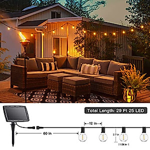 Solar String Lights Outdoor 29 Feet Waterproof Patio LED Lights with 25 Shatterproof Bulbs, 4 Light Modes, Hanging Lights Solar Powered for Backyard Garden Porch Yard Decor, E12 Base, 2700K