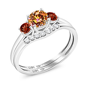 10K White Gold Ecstasy Mystic Topaz and Red Garnet and White Lab Grown Diamond 3-Stone Bridal Engagement Wedding Ring Set For Women (0.86 Cttw, Gemstone November Birthstone, Round 5MM, Size 7)