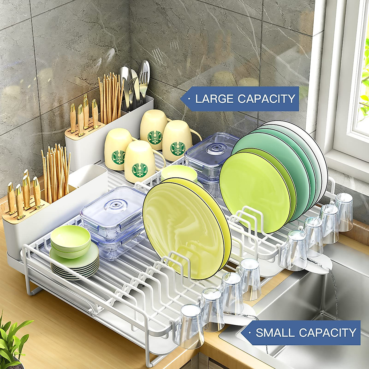PXRACK Dish Drying Rack, Expandable(19.1"-26.9") Large Capacity Dish Rack and Drainboard Set, Stainless Steel Dish Drainers with Utensil Holder for Kitchen Counter, White