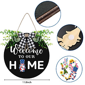Gnome Wooden Seasonal Welcome Door Sign Interchangeable Welcome to Our Home Round Wood Hanging Front Door Sign with Burlap Bow with 12 Seasonal Ornament for Independence Day Holiday Porch (Black)