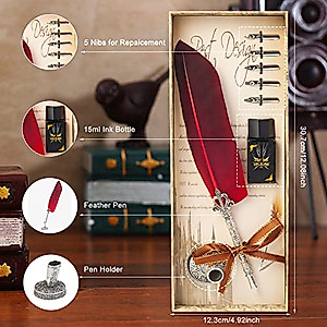 VABNEER Feather Quill Pen Retro Feather Pen Premium Metal Nibbed Pen Writing Quill Fit for Self-use,executive Gift and Antique Desk Decor (Bright Red)