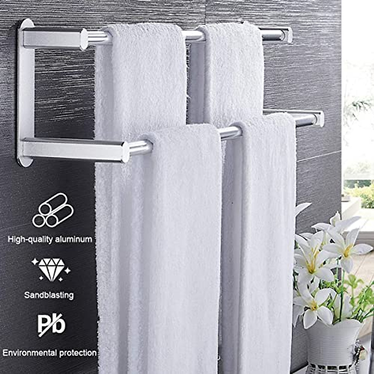 XHALERY Simple Shelf, Double Tea Towel Holder for Hanging Over The Kitchen Cupboard Door - 41Cm/16.14Inch Towel Rack - No Drilling Necessary - Also Suitable As a Bath Towel Rail/Silver/51C