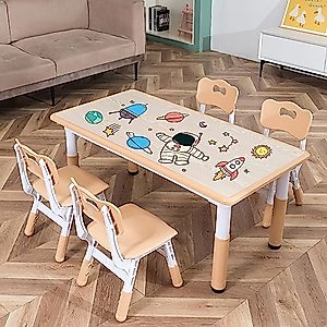 JONUTATO Toddler Table and Chair Set, Height-Adjustable Toddler Desk with 4 Seats, Kids Table and Chair Set for Girls & Boys Age 2-10, Scrub-Table Desktop Kids Study Table for Daycare, Brown