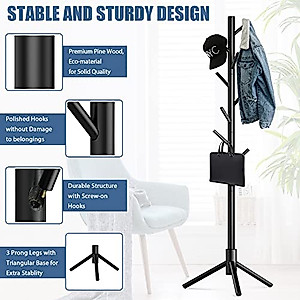 Haddockway Wooden Coat Rack Stand with 8 Hooks New Zealand Pine Adjustable Coat Standing Tree Easy Assembly for Coats, Hats, Scarves and Handbags for Entryway, Hallway, Bedroom, Office Black