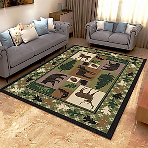 YJDRUG Lodge Cabin Black Bear Rugs for Living Room,5x7ft,Woodland Bear Moose Pine Print Area Rug, Machine Washable Area Rug, Non-Slip Indoor Door Entrance Mat