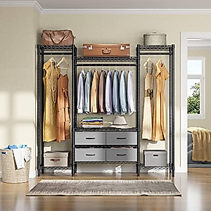 VIPEK V20i Wire Garment Rack Heavy Duty Clothes Rack Bedroom Armoires Metal Clothing Rack with Adjustable Shelves, 3 Hang Rods, 4 Fabric Drawers, Compact Freestanding Closet Storage Organizer, Black