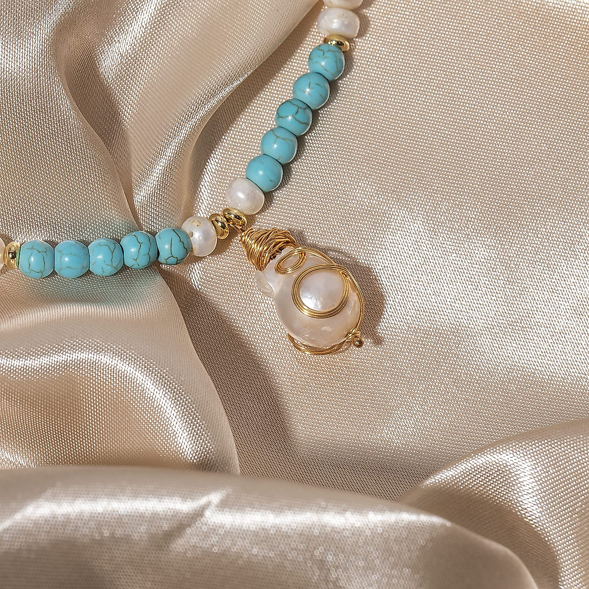 Cowlyn Baroque Pearl Pendant Necklace Turquoise Chain 18K Gold Plated Wire Winding Handmade Bohemian Style Adjustable Charm Fashion Valentine Jewelry for Women Mom