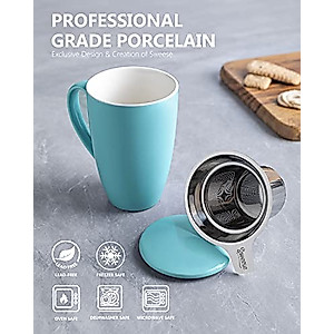 Sweese 15 OZ Porcelain Tea Mug with Infuser and Lid, Loose Leaf Tea Cup, Gifts for Tea Lover, Turquoise - 201.102