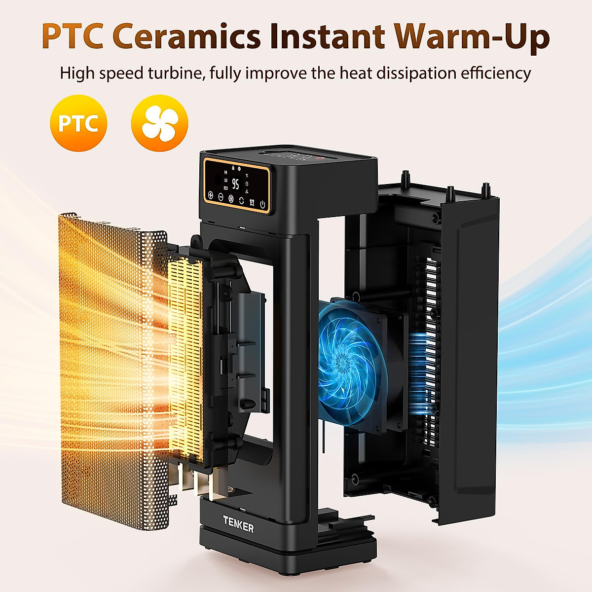 TENKER Space Heater, 1500W Portable Electric Heaters with Remote, Thermostat, Digital Display, 60°Oscillation, 1-12H Timer, Eco Mode and Fan Mode, PTC Ceramic Fast Heat for Office Bedroom Room