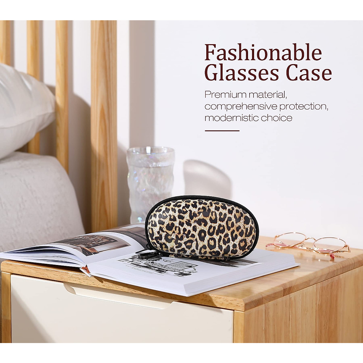 MoKo Unisex PU Protective Eyeglasses Case, Leopard, Zipper, 6.69x3.66x2.28in, 3.27oz