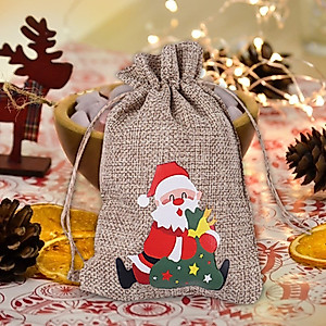Shan-S Christmas Decor Christmas Burlap Gift Bags, Christmas Jute Linen Bags, Xmas Jute Linen Candy Bag Treat Gift Drawstring Pouches Burlap Gift Bags for Wedding Christmas Party Favors